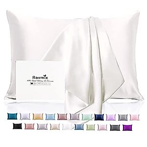 Ravmix Silk Pillowcase for Hair and Skin 21 Momme with Hidden Zipper, Both Sides Silk, 1PCS, Standard Size 20×26 inches, Undyed Ivory White