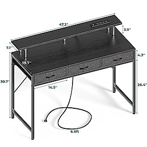 Huuger 47 inch Computer Desk with 3 Drawers, Office Desk Gaming Desk with LED Lights & Power Outlets, Home Office Desks with Storage Space for Bedroom, Work from Home, Black