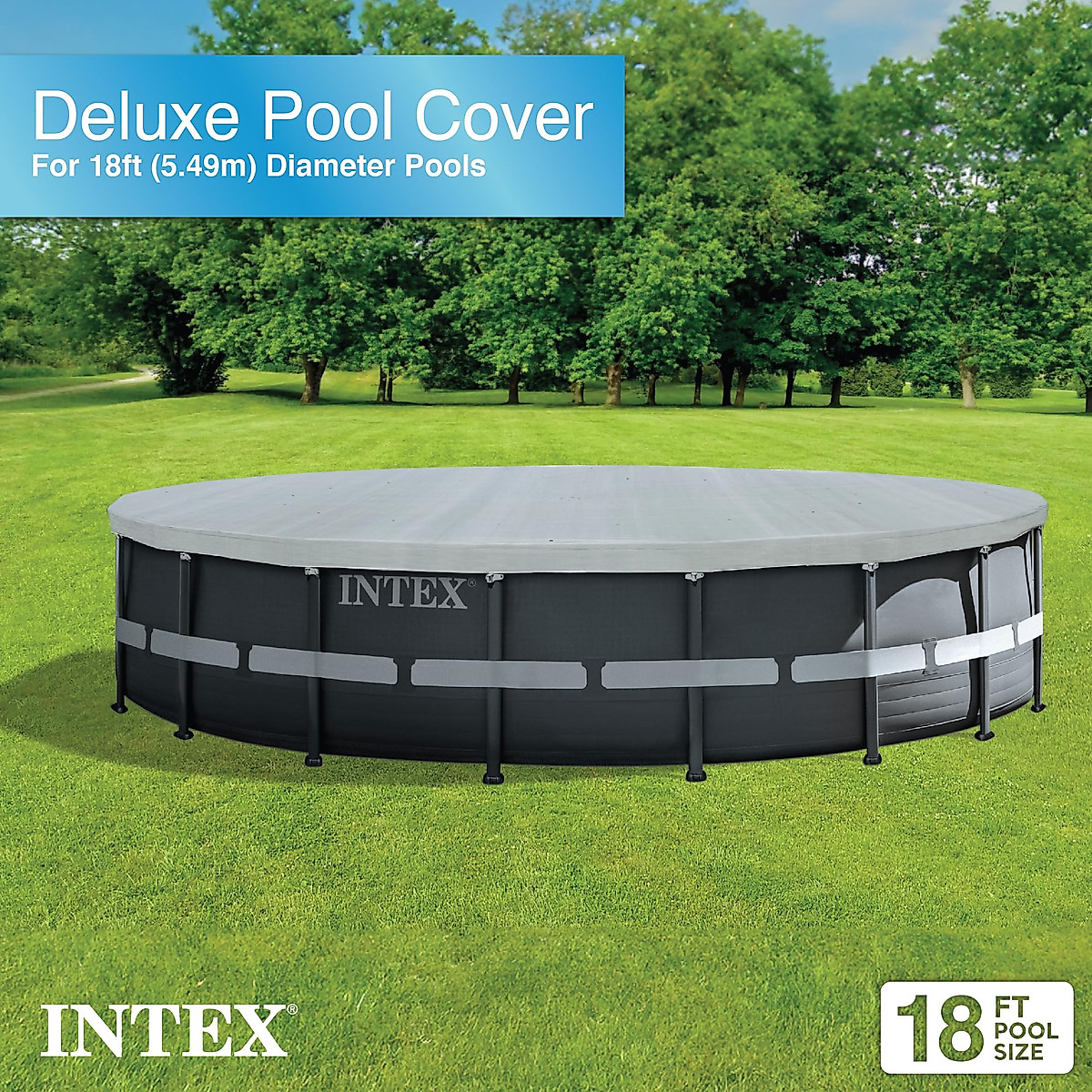 INTEX 28041E Deluxe Pool Cover: for 18ft Round Ultra XTR Pools – Includes Rope Tie – UV-Resistant – 8in Overhang – Snug Fit