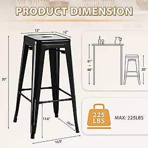 Furmax 30 Inches Metal Bar Stools Bar Height High Backless Stools Indoor Outdoor Stackable Kitchen Stools Set of 4 (Dark Black)