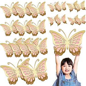 Kigeli 20 Pcs Butterfly Party Decorations Large Butterfly 3D Butterfly Centerpieces Gold Butterfly Wall Decor Paper Butterfly Cutouts for Baby Shower Wedding Party Room, 4 Sizes(Gold and Pink)