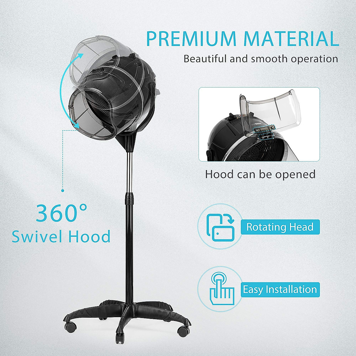 VIVOHOME 1300W Professional Height Adjustable Stand Up Bonnet Hair Dryer Hooded Floor Stand Rolling Base with Wheels for Salon Equipment Beauty Spa Home