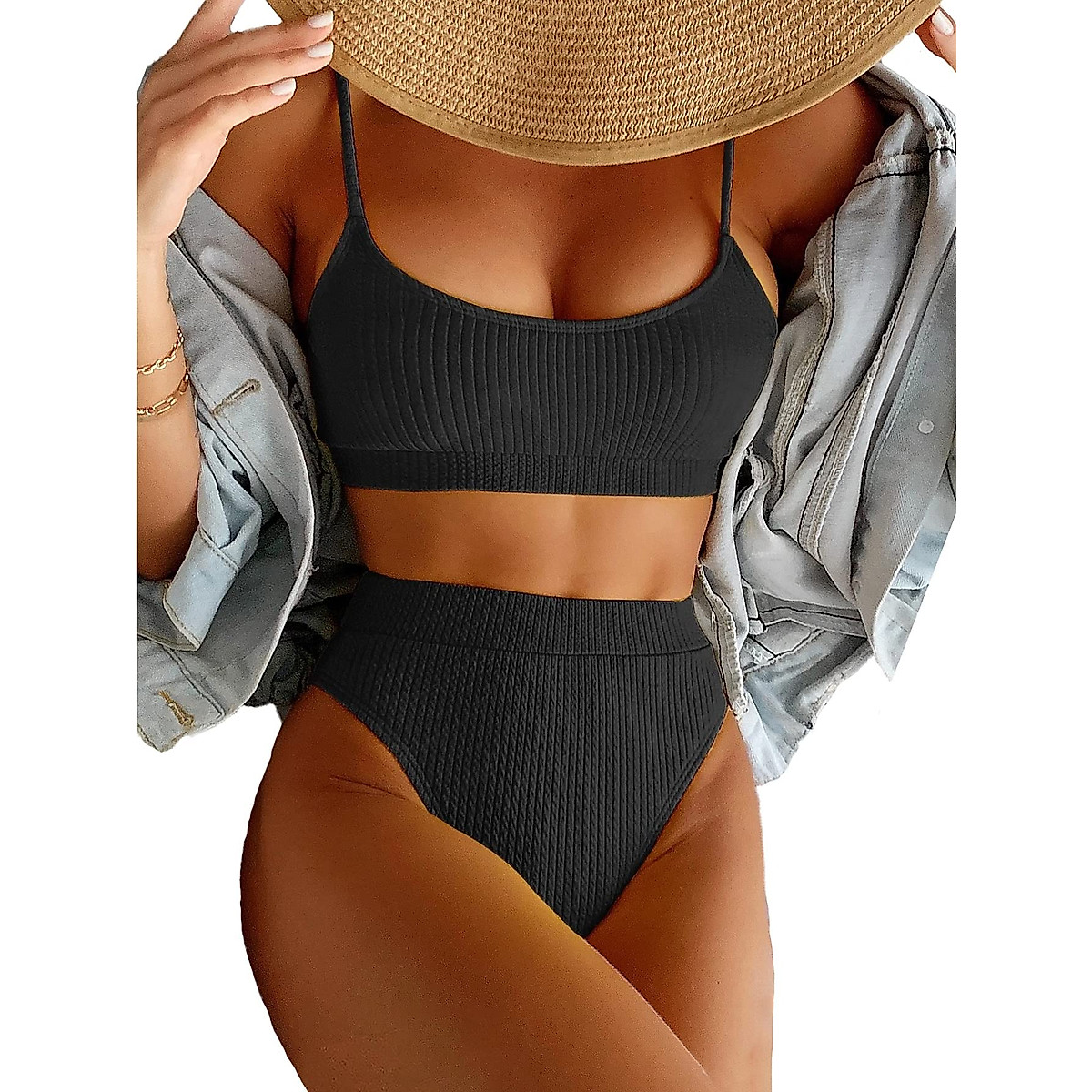 Lilosy High Waisted Tummy Control Bikini Ribbed Sporty Brazilian Swimsuit Set Women Highwaisted Cheeky Cut Leg Rise Bottom Crop Push Up Top 2 Piece Bathing Suit Black Medium