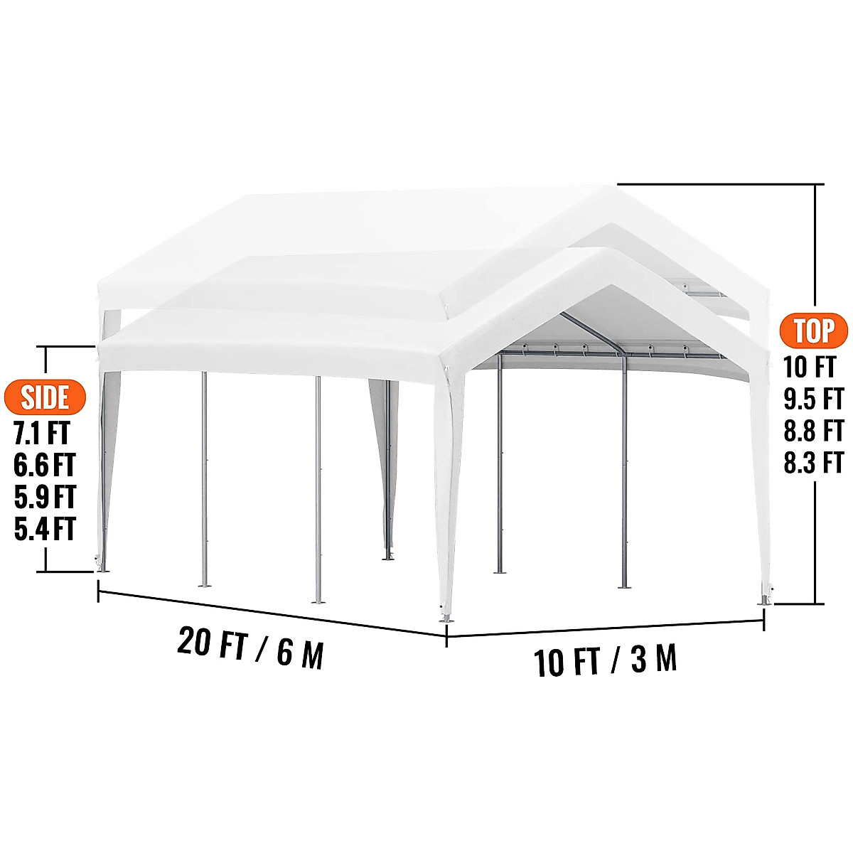 Happybuy 10 x 20 ft Carport Car Canopy, Heavy Duty Garage Shelter with 8 Legs, Car Garage Tent for Outdoor Party, Birthday, Garden, Boats, Adjustable Peak Height from 8.3 ft to 10 ft