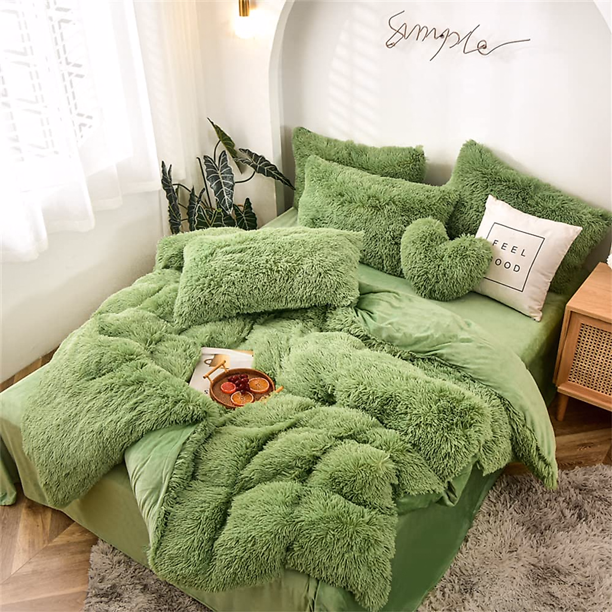 HLGBED Plush Shaggy Duvet Cover Set Full Luxury Fluffy Faux Fur Comforter Cover Set Ultra Soft Fuzzy Velvet Warm Tie Dye Bedding Set 3Pcs (1Duvet Cover + 2Pillowshams) Green
