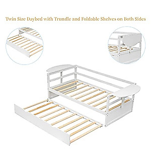 Polibi Twin Size Daybed with Trundle and Foldable Shelves on Both Sides, Wooden Sofa Bed with Wood Frame and Slats, No Spring Box Needed