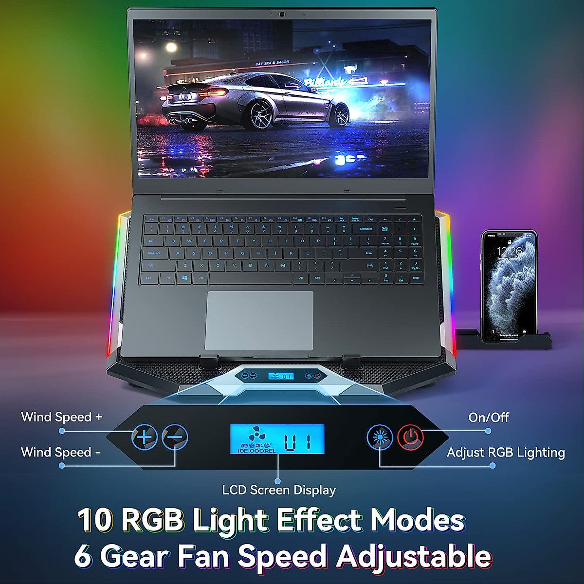 ICE COOREL Gaming Laptop Cooling Pad with 8 Cooling Fans, Laptop Fan Cooler Pad for 15-17.3 Inch, Notebook Cooler Stand with 6 Height Adjustable, RGB Cooling Pad with Two USB Port + Phone Stand