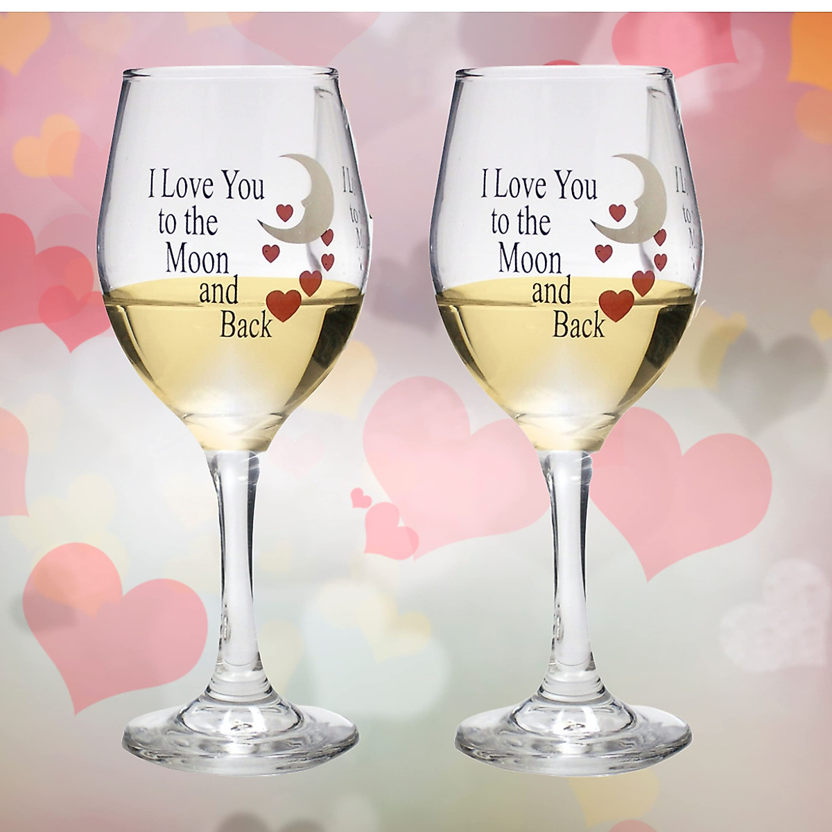 BANBERRY DESIGNS - Set of 2 Wine Glasses - I Love You to the Moon and Back Design with Red Hearts - 14 oz