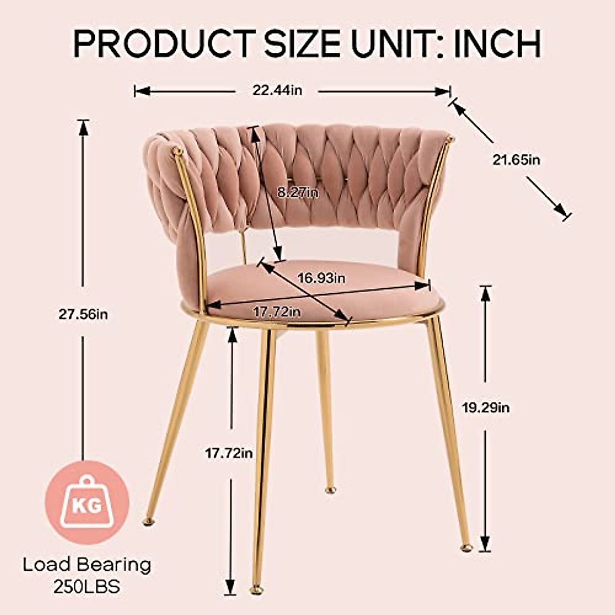 LETESA Velvet Dining Chairs Set of 2 with Hand Woven Hollow Backrest Design, Modern Upholstered Accent Chairs with Gold Metal Legs, Vanity Chairs for Dining Room, Living Room (Pink)