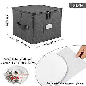 popoly China Storage Container for Bowls or Dessert Plates, 8.5" W x 6" H Plate Storage Case with 24 Felt Dividers, Hard Shell and Stackable (2 Pack Grey)