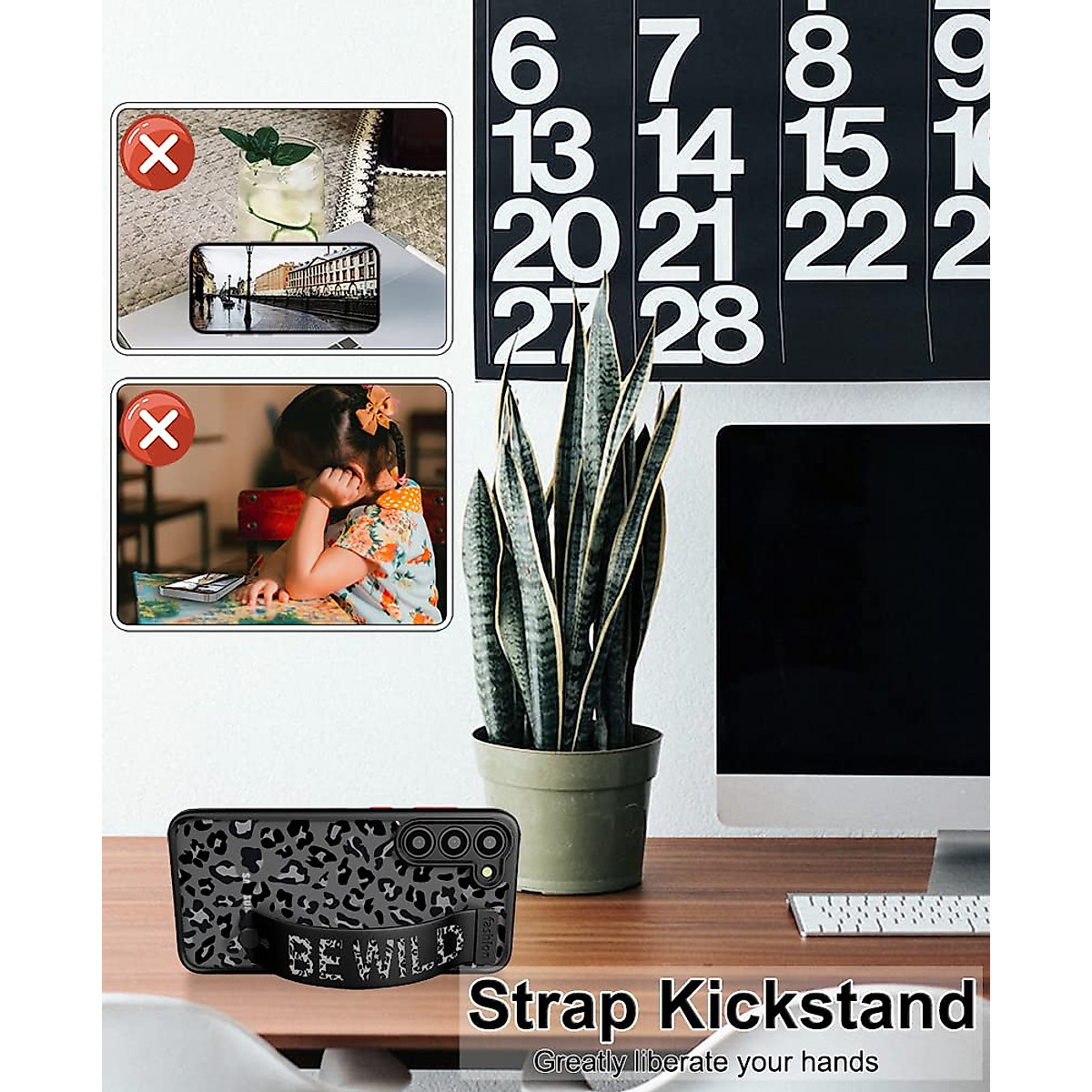 Cisland Leopard Cheetah A54 Case with Strap Stand Kickstand, Cute Case for Women Girly Designer for Girls Silicone Compatible with Samsung Galaxy A54 5G Leopard Cheetah Print Black