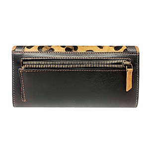 Leather Book® LW-1802 TAJ Leopard Ladies Wallet|11 card slots|1 card window|4 slide pockets|1 zip compartment pocket| 1 back silver metal zip pocket | Black, Tan Cowhide & Jersey leopard Print Leather