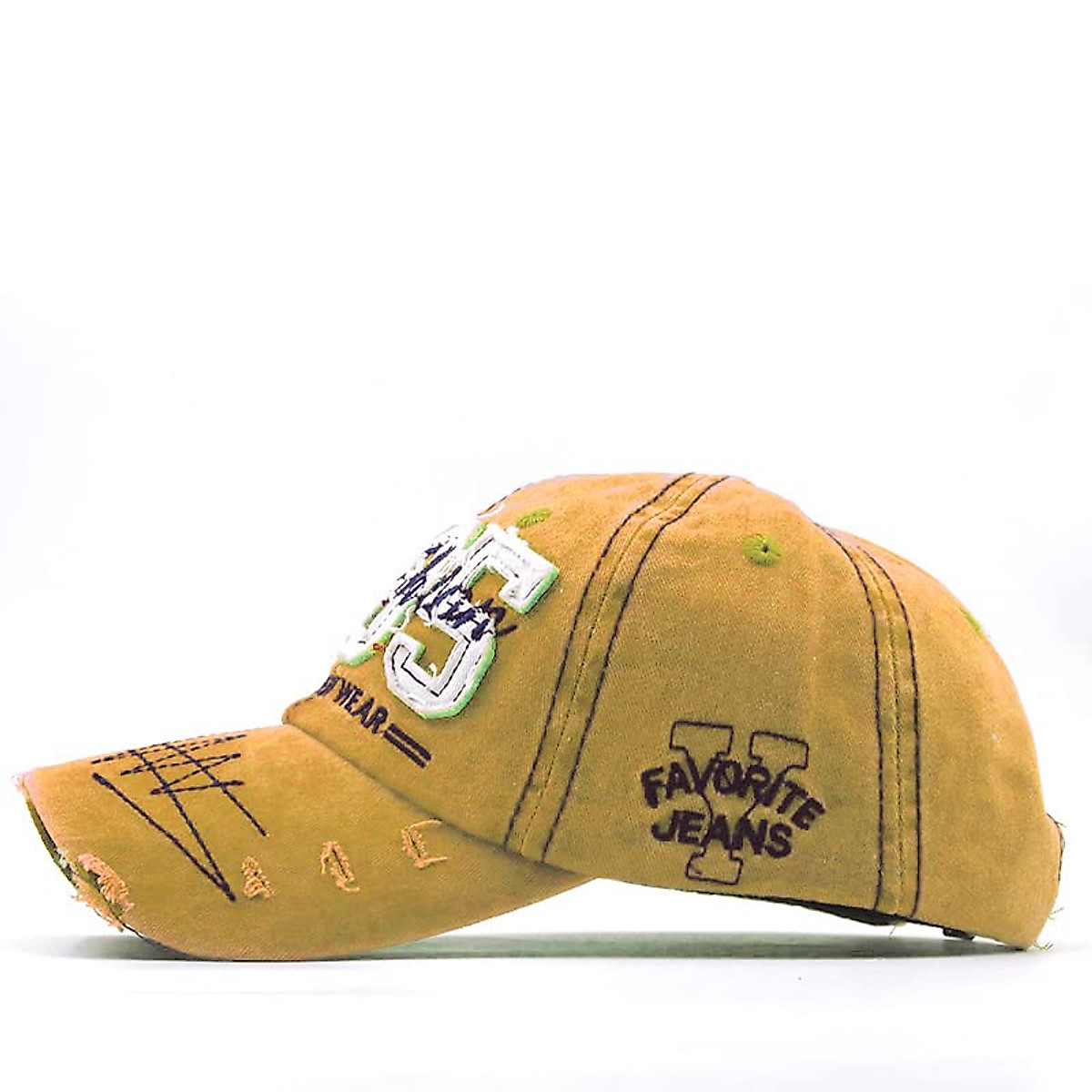 Washed Baseball Cap for Men Women Adjustable Distressed Denim Hat Dad Hat Trucker Hat (Yellow) 6 3/4-7 1/2