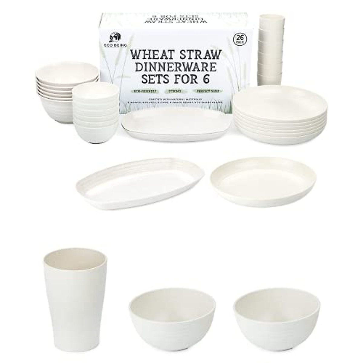 Eco Being Wheat Straw Dinnerware Set for 6 - Light and Unbreakable Plates, Cups, Bowls and Share Dishes. Stackable and Sturdy, Microwavable and Dishwasher Safe Dishes in Beige.