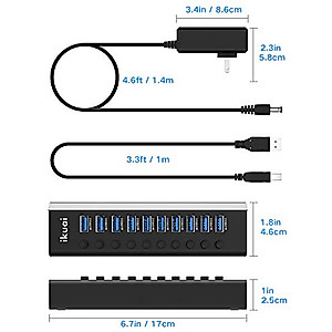 Powered USB Hub 3.0 ikuai Aluminum 10 Port USB 3.0 Data Hub Splitter with 12V/3A 36W Power Adapter and Individual On/Off Switches for Desktop PC Laptop and More