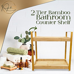 RYCH03 2-Tier Bamboo Bathroom Counter Shelf - Counter Top Wooden Makeup Organizer with Metal Standing Rack - Multi-Purpose Vanity Storage Stand for Cosmetic, Toiletries and Kitchen, Easy to Assemble