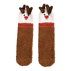 Fuzzy Stockings for Christmas New Pattern Cartoon Cute Christmas Socks Winter Warm and Comfortable (Brown, One Size)