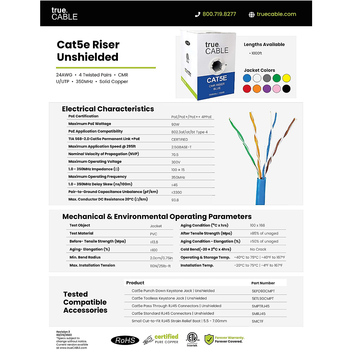 trueCABLE Cat5e Riser (CMR), 1000ft, Blue, 24AWG 4 Pair Solid Bare Copper, 350MHz, PoE++ (4PPoE), ETL Listed, Unshielded Twisted Pair (UTP), Bulk Ethernet Cable