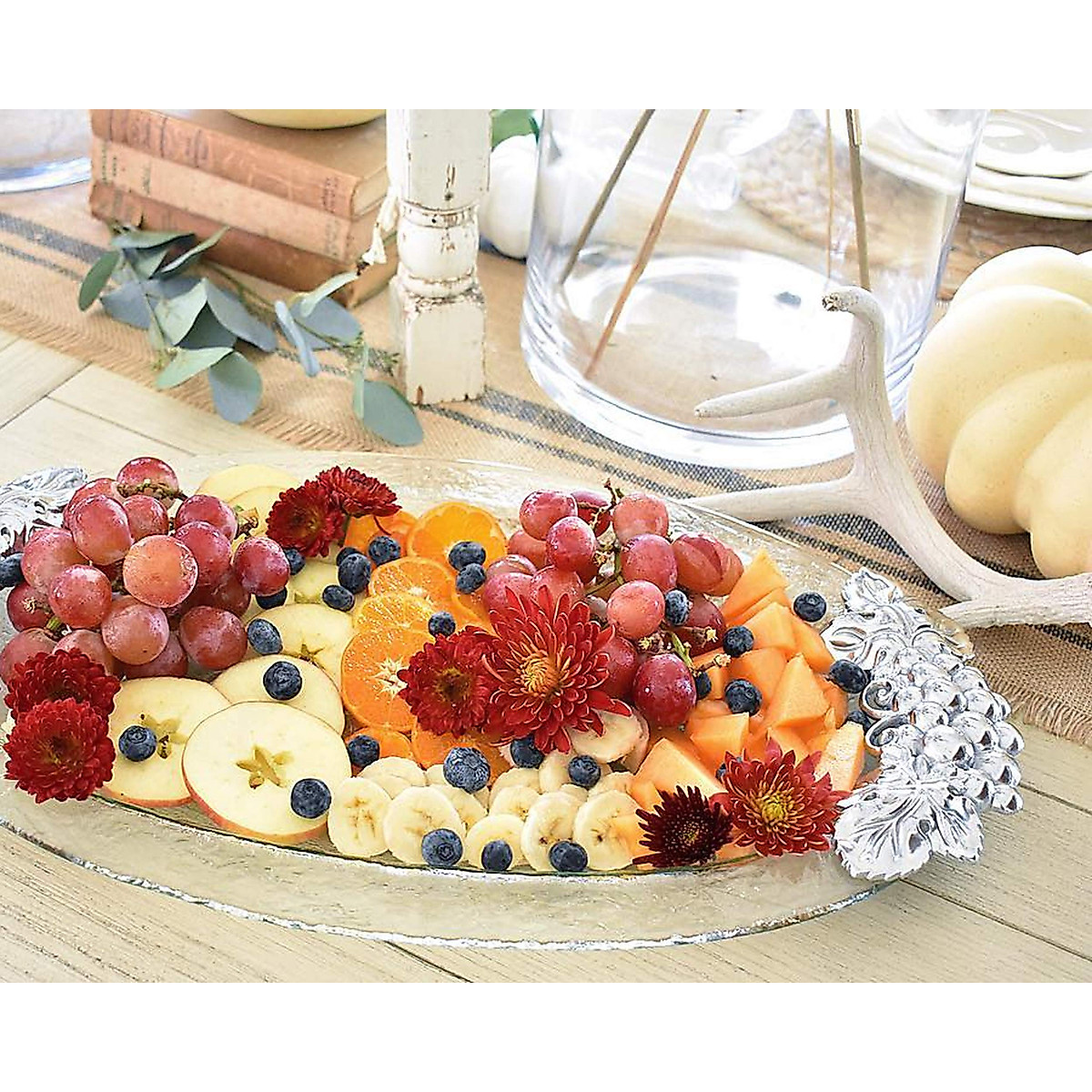 Arthur Court Clear Glass Food Tray Platter with Grape Handle in Sand Casted Aluminum with Artisan Quality Hand Polished Designer 20 inch x 11.5 inch