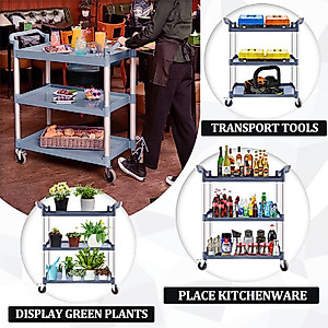 BRLJUNEO Plastic Utility Carts with Wheels, 3-Tier Medium Size Restaurant Food Cart, Heavy Duty 510lbs Capacity Rolling Service Cart w/Hammer for Commercial, Kitchen, Office (Lockable Wheels, M-Grey)