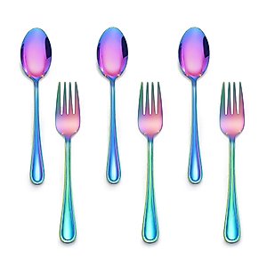 LIANYU 6-Piece Kids Forks and Spoons Silverware Set, Rainbow Children Toddler Utensils Set, Stainless Steel Child Flatware Cutlery Set for Home Preschools, Dishwasher Safe