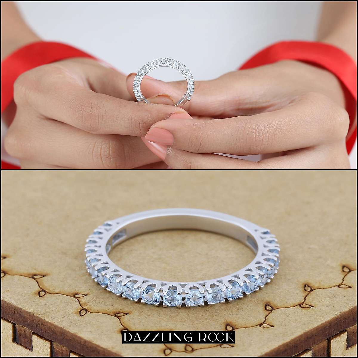 Dazzlingrock Collection Round Aquamarine Eternity Stackable Wedding Band for Women in 14K White Gold Size 6.5