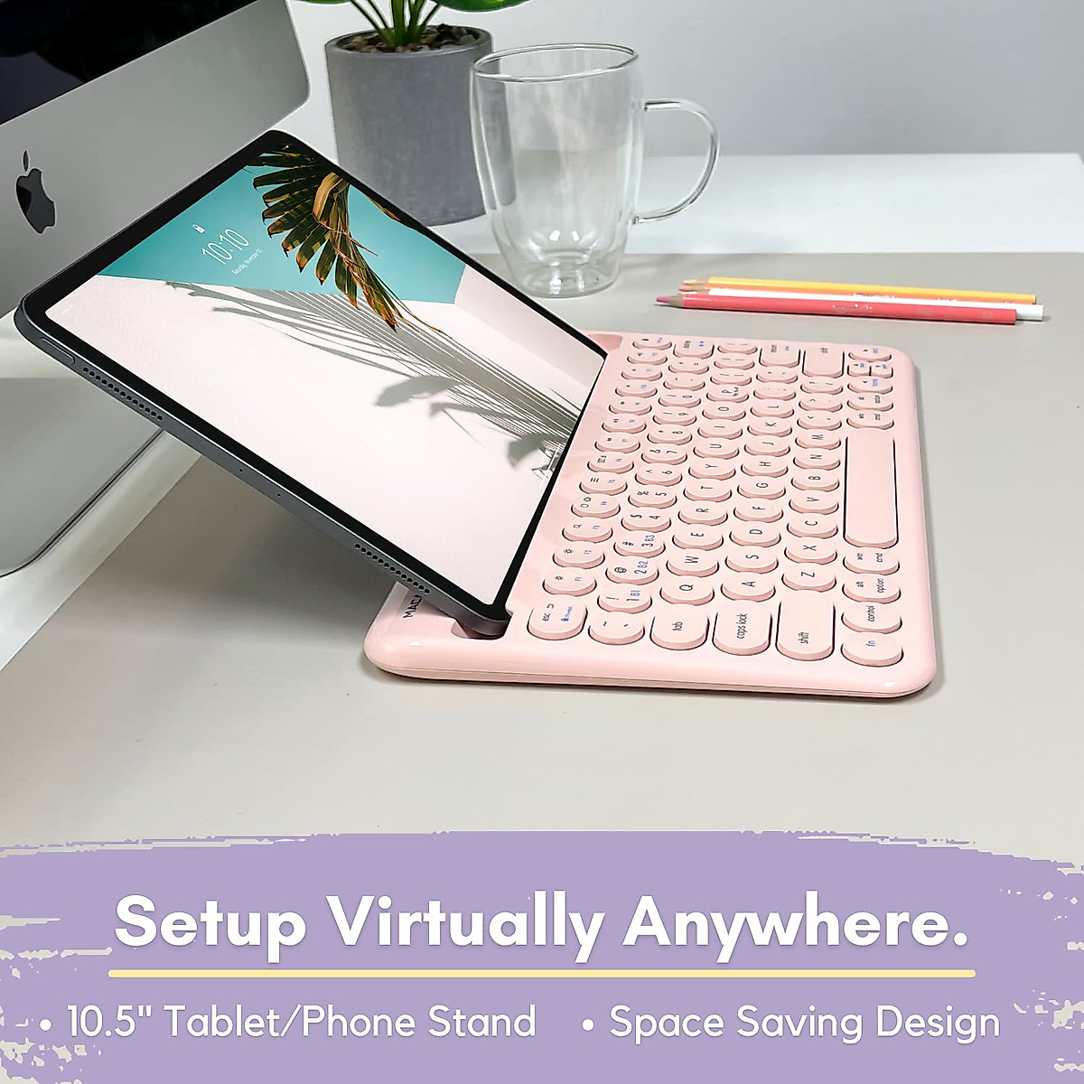 Macally Bluetooth Keyboard for Tablet | Wireless Keyboard for iPad | iPhone Keyboard (Multi-Device, Built-in Stand, Rechargeable) Easy to Use and Cute Portable Keyboard