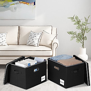PFFVRP Extra Large Storage Bins with Lids, 16"x12"x12" Foldable Linen Fabric Storage Boxes with Lids, Storage Basket with Lid with Handles and Label, Storage Bin for Living Room Closet Office (Black)