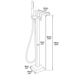 BESy Freestanding Bathtub Faucet Waterfall Tub Filler Matte Black Floor Mount Brass Single Handle Bathroom Tub Faucets with 2 Function Hand Shower Wand