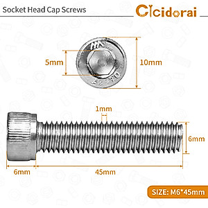 Cicidorai M6-1.0 x 45mm Socket Head Cap Screws Bolts, 304 Stainless Steel (A2-70), Allen Socket Drive, Bright Finish, Full Machine Threads, Quantity 25