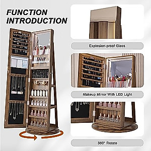 HNEBC LED Light Jewelry Organizer Mirror 360°Rotating, Armoire with Door Mirror, Full Length Cabinet Storage, Large Boxes & Organizers（A Light Brown）