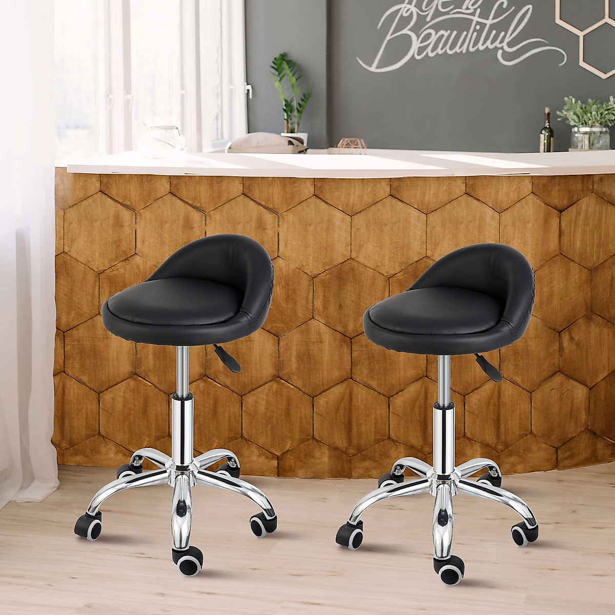 JupiterForce 24'' Adjustable Rolling Stool 360 degree Swivel Salon Office Massage Medical Facial Spa Stool Chair with Wheels Backrest PU Cushion Gas Lift Stool (Black)