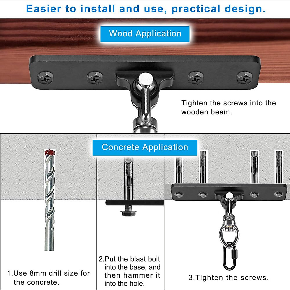 Dolibest Heavy Duty Swing Hanger, Swing Set Accessorie with Carabiner for Indoor Outdoor Playground, Porch Swing Hanging Kit for Wooden and Concrete Set with 4 Wood Screws and 4 Expansion Bolts, 900LB
