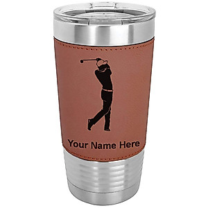 LaserGram 20oz Vacuum Insulated Tumbler Mug, Golfer Golfing, Personalized Engraving Included (Faux Leather, Dark Brown)