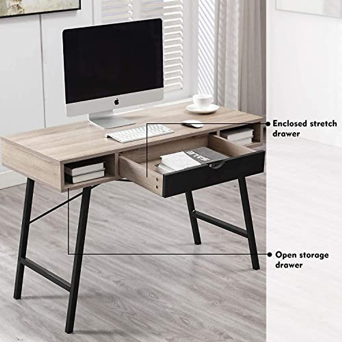Bonzy Home Office Computer Desk with Drawer Student Writing Study Table 43 inches for Bedroom Dormitory Walnut Black