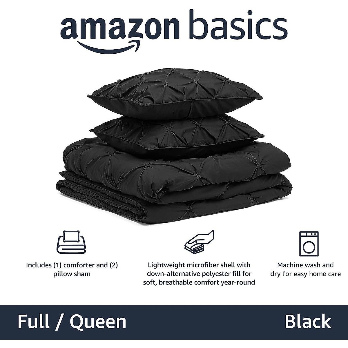 Amazon Basics Soft Full/Queen Size Comforter Sets, All-Season Down-Alternative 3-Piece Bedding Set, Pinch Pleat Design, Black
