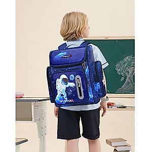 Astronaut School Backpack for Boys Large Capacity Waterproof Light Weight Schoolbag Bookbag for Kids Primary School Student (Blue)