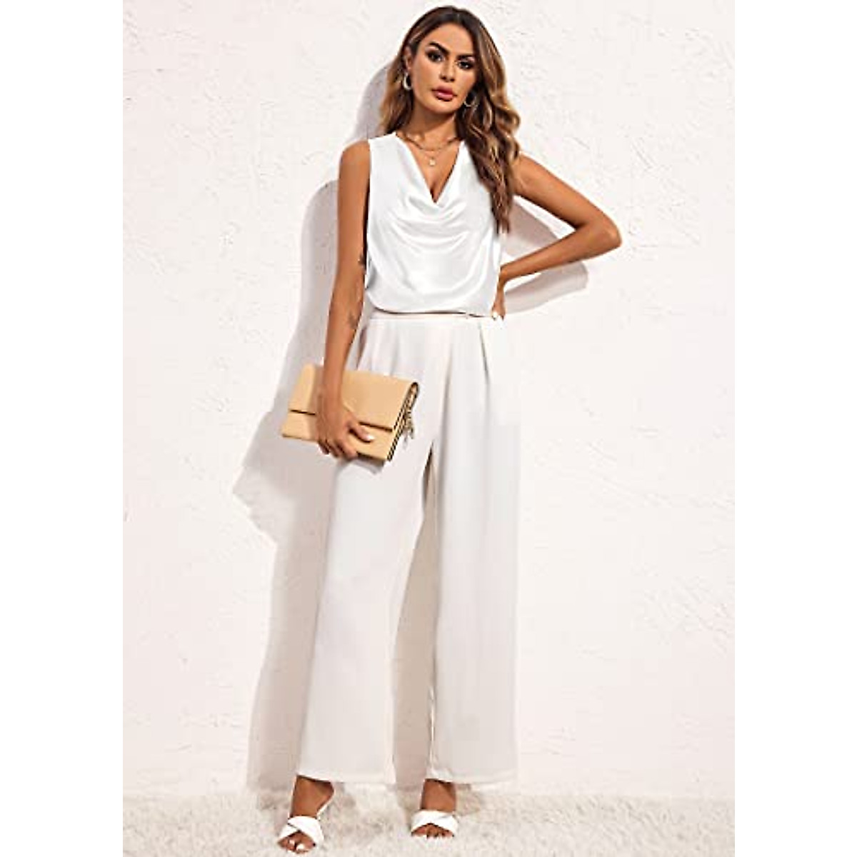 Ekouaer Women's Satin Silk Pajamas Set Cowl Neck Loungewear Comfy Silky Sleepwear Pjs with Pockets White