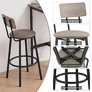 Noskatu 3-Piece Dining Table Set for 2, Modern Bar Table and Chairs Set for Small Space Kitchen Wooden Square Dinette Set with PU Padded Chairs Metal Frame for Apartment Breakfast Nook, Grey