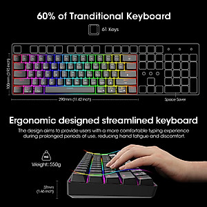 KOORUI Gaming Keyboard 60 percent, Wired Ultra-Compact Mechanical Keyboard 61 Keys,26 RGB Backlit with Blue Switch Mini Keyboards for Windows MacOS Linux-Easy to Carry On Trip