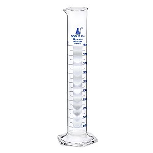 EISCO Graduated Cylinder, 500ml - Class A Tolerance ±2.50ml - Hexagonal Base - Blue Graduations - Borosilicate 3.3 Glass