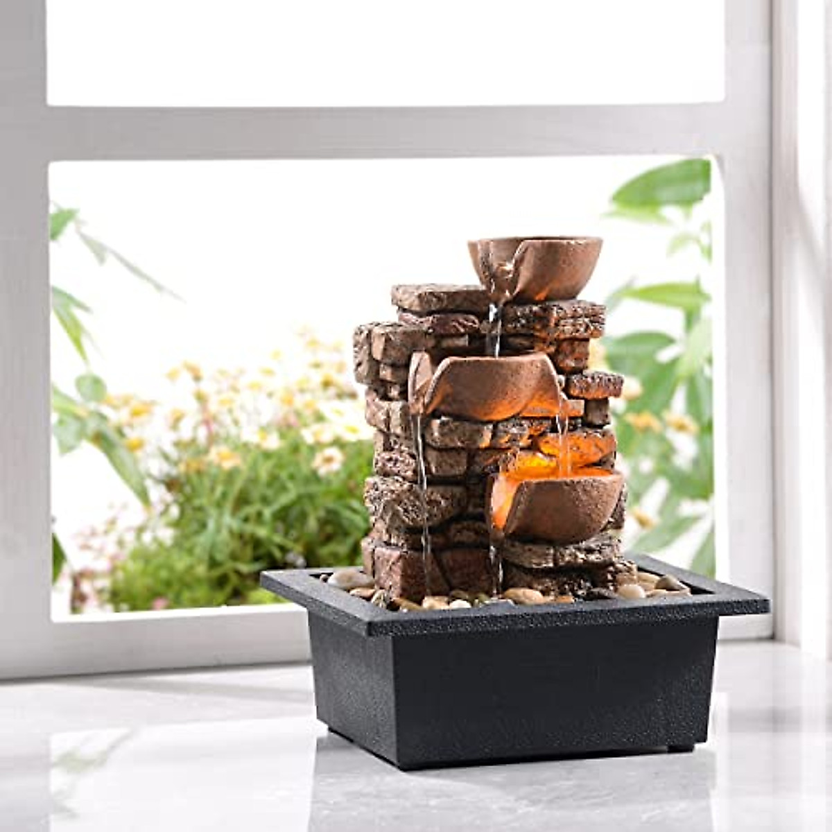 Haobos Indoor 3-Tier Rockery Relaxation Tabletop Fountain Soothing Sound Home/Office Decor Relaxing Waterfall Meditation Tabletop Fountain LED Lights