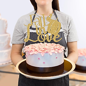 Glitter Fall in Love Cake Topper - Autumn Happy Anniversary Cake Topper, Pumpkin Wedding Engagement Bridal Shower Party Decorations Gold