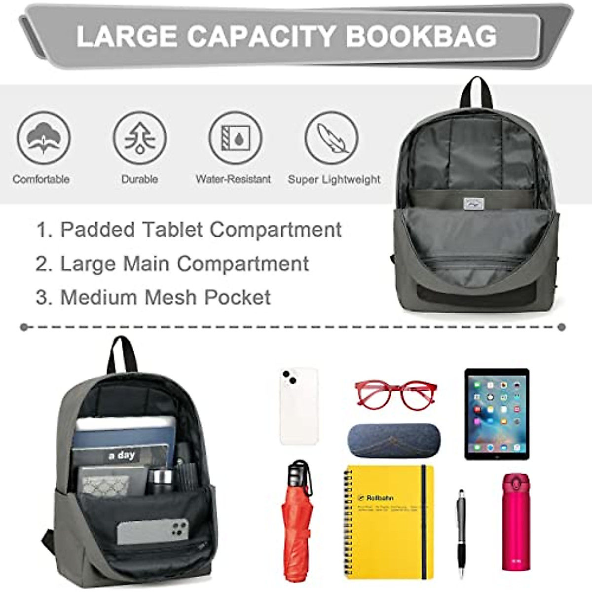 Kasqo Lightweight School Backpack, Water-Resistant Casual College Bookbag for Men Women Teen Girls Boys, Gray and Black
