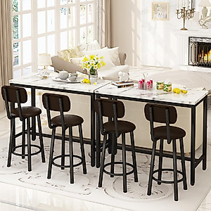AWQM Bar Table Set of 2,39.3" Faux Marble Table Top & 2 PU Upholstered Stools with Backrest,3 Piece Industrial Pub Height Table Set,for Living Room,Kitchen,Bar,White & Black & Brown