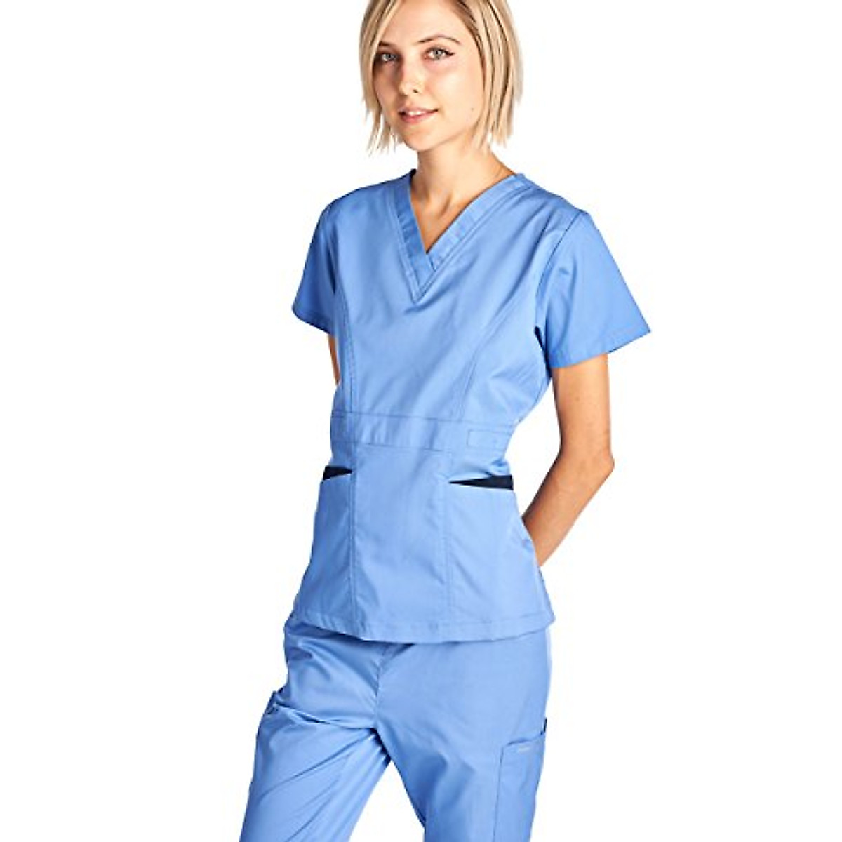 Medical Uniform Women's Scrubs Set Stretch Contrast Pocket Ceil Blue M