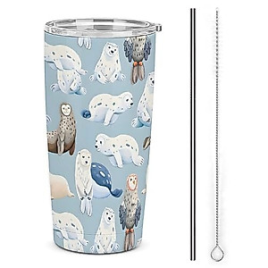 KIOWEIR Cute Seal Big White Bear Owl Stainless Steel Tumbler 20oz With Lid And Straw, Insulated Tumblers Coffee Cup, Travel Mug for Ice Drink & Hot Beverage for Women Men Boys Girls
