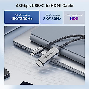 Cable Matters 48Gbps 8K USB C to HDMI 2.1 Cable 6 ft, Support 4K 240Hz and 8K 60Hz HDR - Thunderbolt 3, Thunderbolt 4, USB4 Compatible with iPhone 16/15 - Max Resolution on Any MacBook is 4K 60Hz