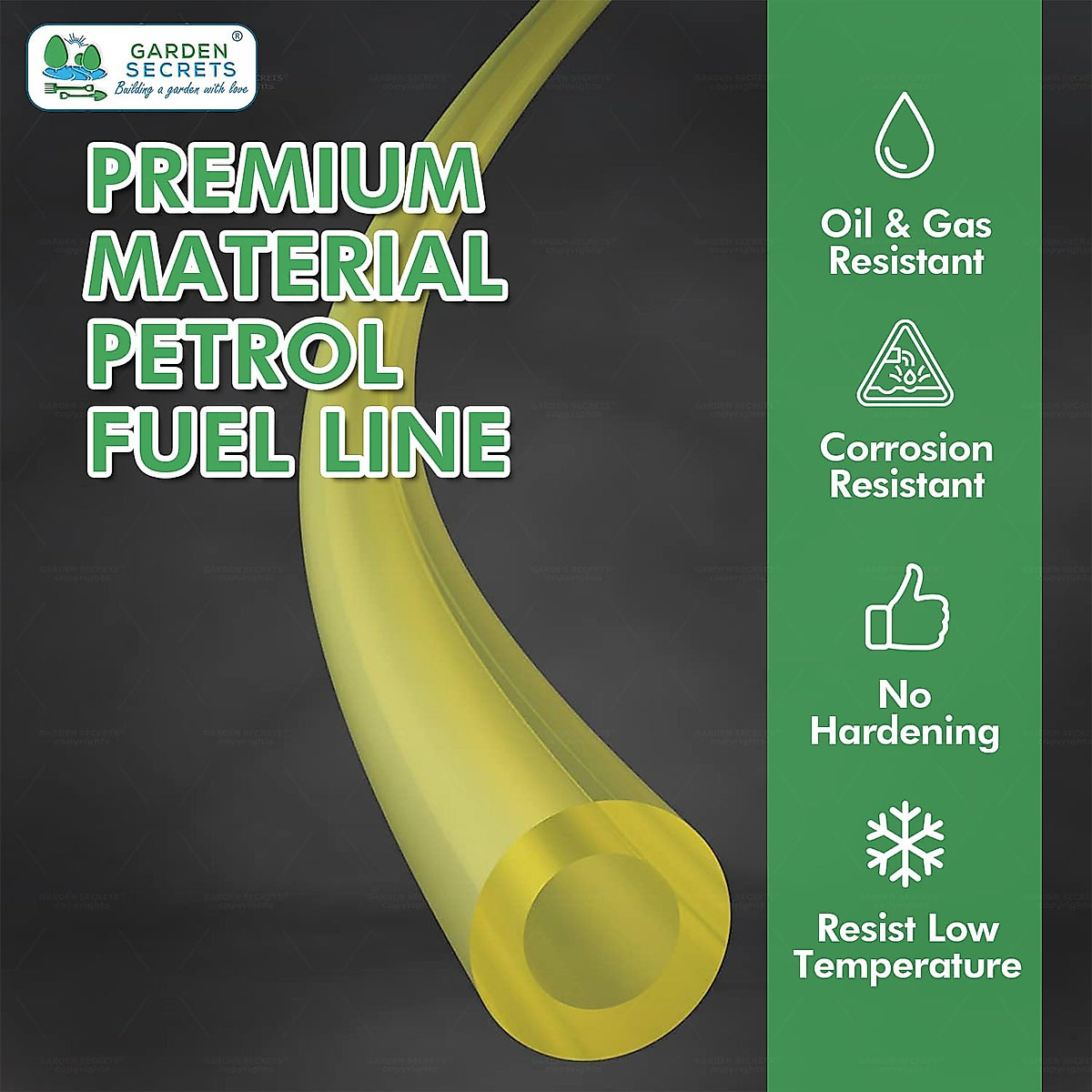 GARDEN SECRETS (4 Sizes) 2-Stroke Garden Power Tools Fuel Line Replacement Kit. Fuel Hose Fuel Tube for String Trimmer Chiansaw Blower Power Tools with Small Engine, Nitro Engine. (Yellow, 4ft each)