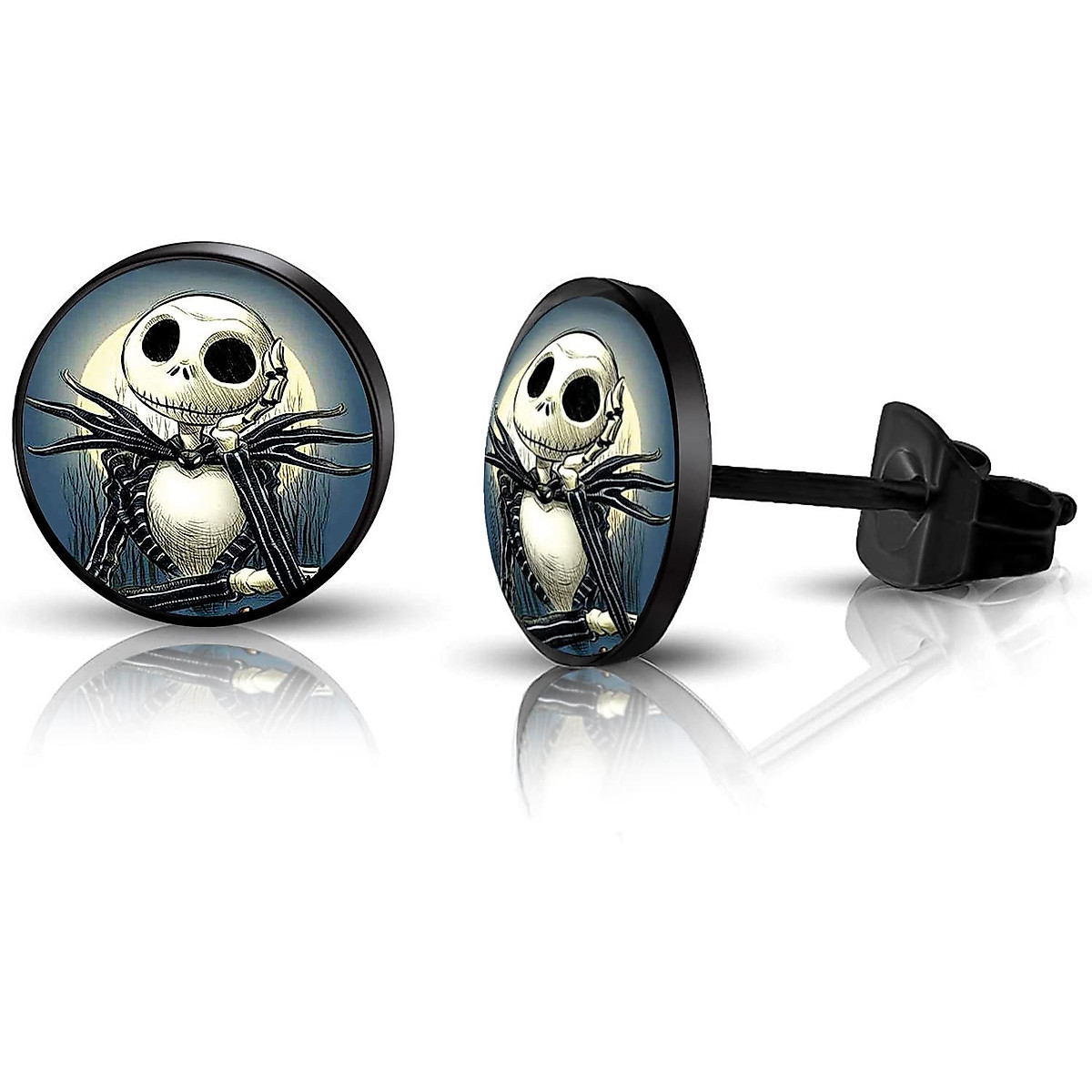 SIISPRI 316L Surgical Stainless Steel Halloween Jack Skellington Round Circle Button Stud Post Earrings 10MM (black-blue)